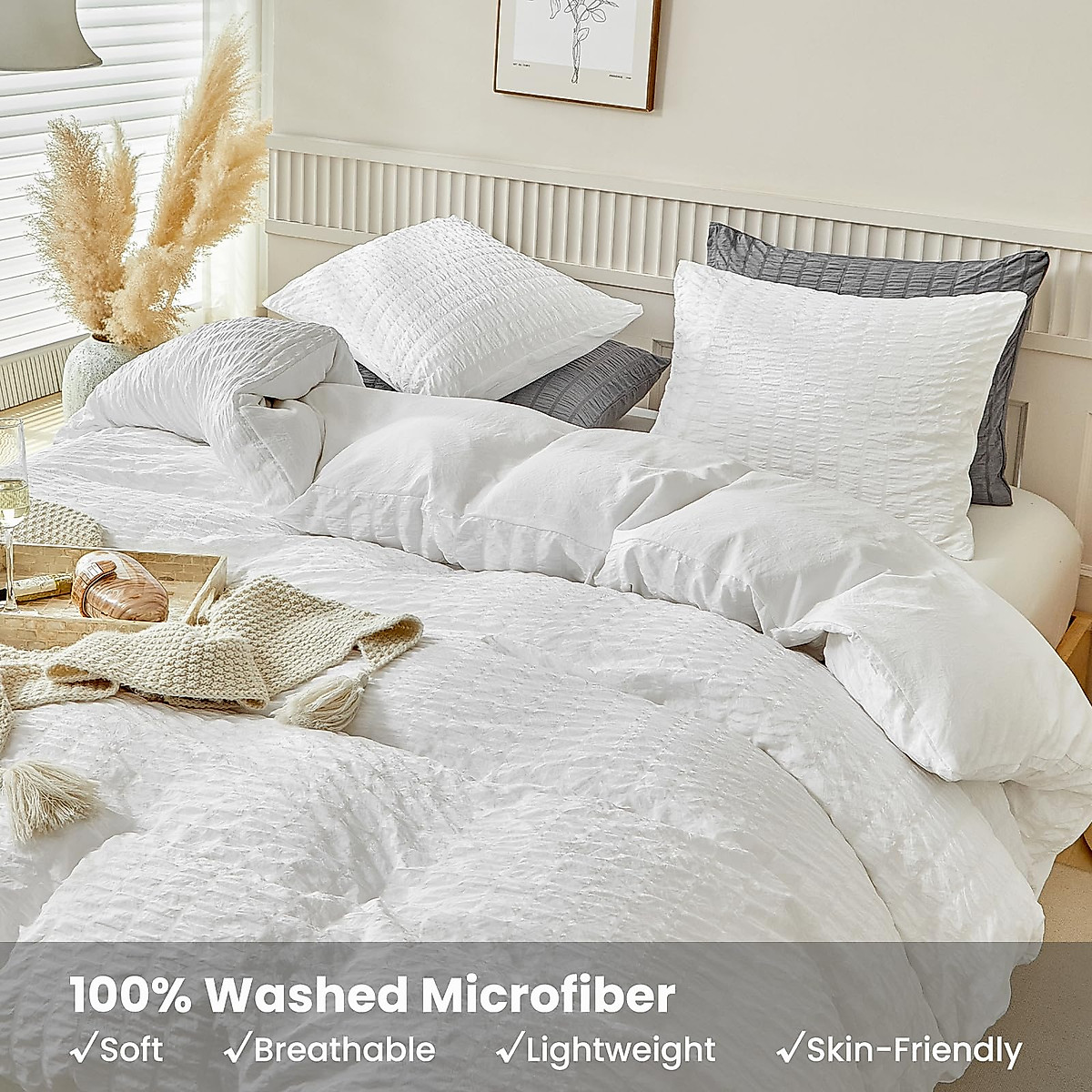 WARMDERN Duvet Cover Set Queen Size, 3pcs Washed Microfiber White Bedding Set, Soft Breathable Striped Textured Seersucker Duvet Cover with Zipper Closure & Corner Ties(White, Queen)