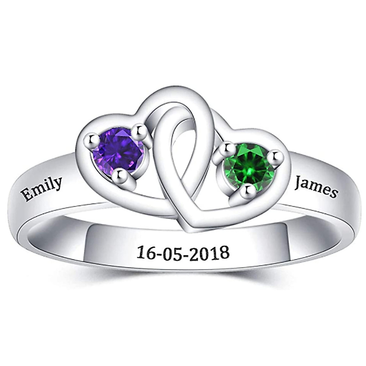 Personalized Birthstone Rings with 2 Name for Couples 925 Sterling Silver Mothers Ring 2 Birthstones Custom Heart Name Ring for Couple Women Sisters Engraved Name Rings for Birthday Wedding