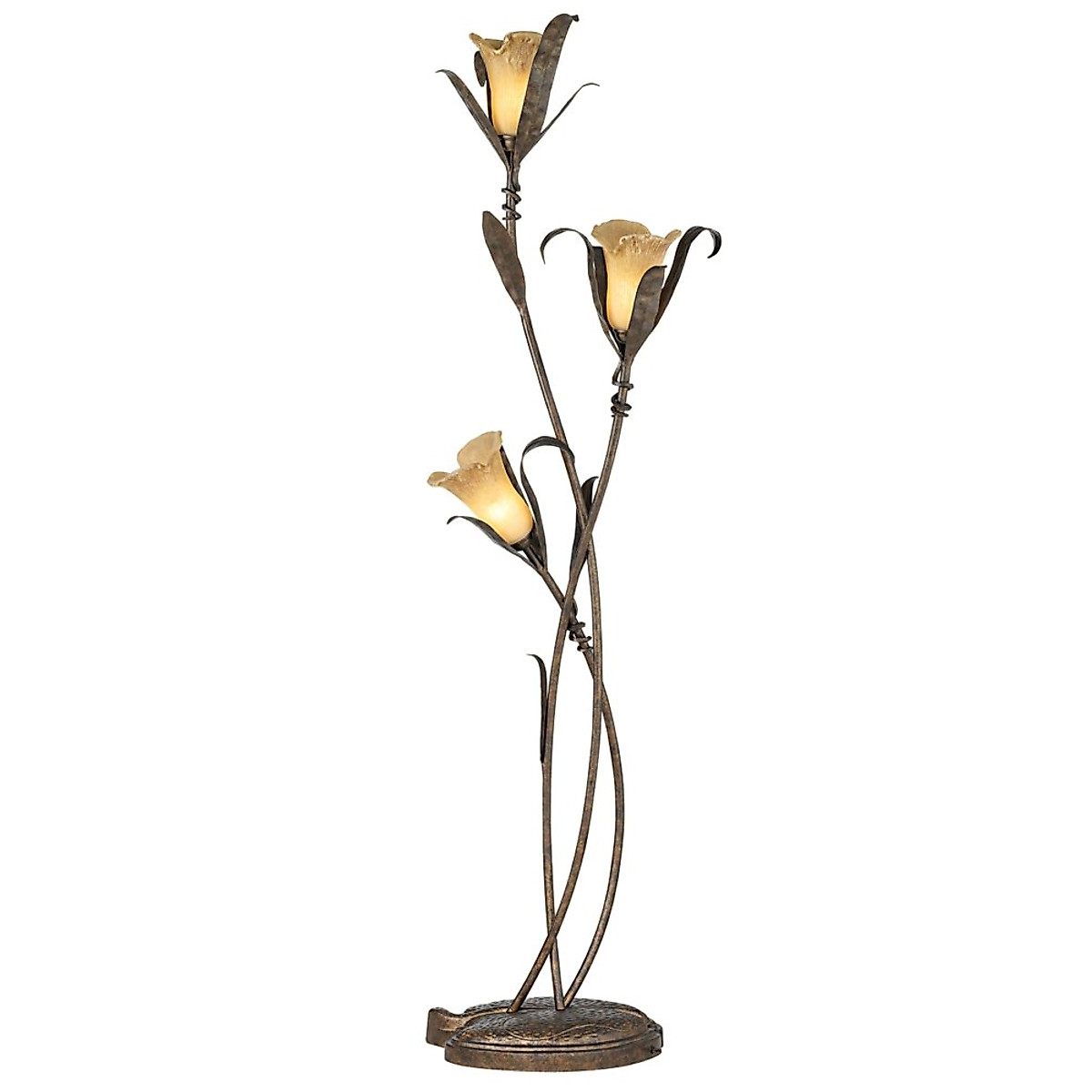 Franklin Iron Works Rustic Farmhouse Sculptural Floor Lamp Standing 68 1/4" Tall Bronze Gold 3-Light Amber Glass Intertwined Lily Flower Shade for Living Room Reading Bedroom Office House Home