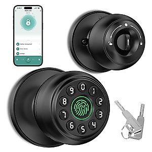 Fingerprint Door Lock，Fingerprint and Keypad Input Smart Door knob, App Controlled Biometric Door Lock, Keyless Entry, Bedroom, Office, Hotel, Apartment Auto Door knob(Matte Black)