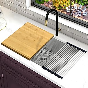 KABCO 28 Inch Single Bowl Stainless Steel Handmade Kitchen Sink with Sink Strainer, Sink Grid, a Rolling Up Grid, and Bamboo Cutting Board, Rust Resistant Sound, and Heatproof 16 Gauge Undermount Sink