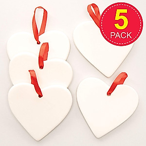 Baker Ross EV5425 Hanging Ceramic Heart Ornaments - Pack of 5, for Kids to Paint, Decorate and Display. Great for at Home Art Crafts