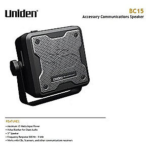 Uniden (BC15) Bearcat 15-Watt External Communications Speaker. Durable Rugged Design, Perfect for Amplifying Uniden Scanners, CB Radios, and Other Communications Receivers, Black