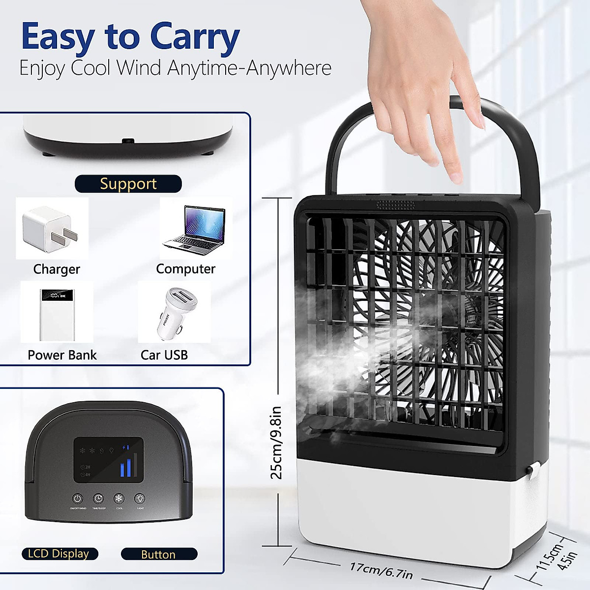 Air Conditioner Unit Portable, Kedoxi Cordless Mobile Air Conditioning Units Table Fan Air Cooler, 7 Colour Cooling Fan for Home Office Outdoor, 4 in 1 Humidifier, Fans, Air Con with Timer