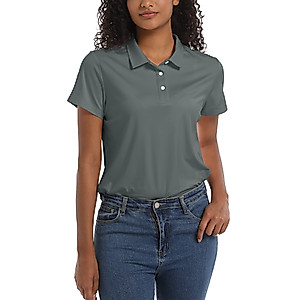 TACVASEN Women's Polo Sun Protection Athletic Shirts Short Sleeve Golf Shirt 3-Buttons Collared Tops, Dark Grey, S