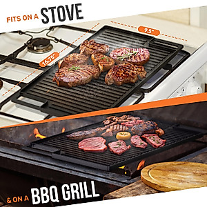 Cast Iron Griddle, Reversible Grill/Griddle + Cast Iron Press + Pan Scraper + Pinch Mitts, Grill Pan For Stove Top, Gas Grill, Indoor & Outdoor Cooking - Pre Seasoned & Non-stick (9.5" x 16.75")
