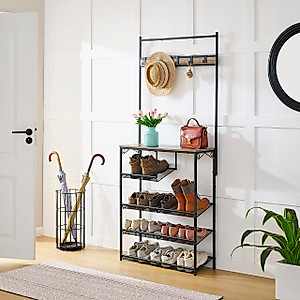 Hoctieon 5-Tier Hall Tree with Shoe Rack, Hall Trees for Entryway with Storage, Hall Tree with Bench and Shoe Storage, Mesh Slant, Greige