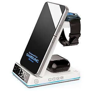 Galvanox 3-in-1 Wireless Charging Station with Alarm Clock for All Samsung Devices - Foldable Design with Nightlight - Compatible with Galaxy Phones/SmartWatch and Earbuds (White)