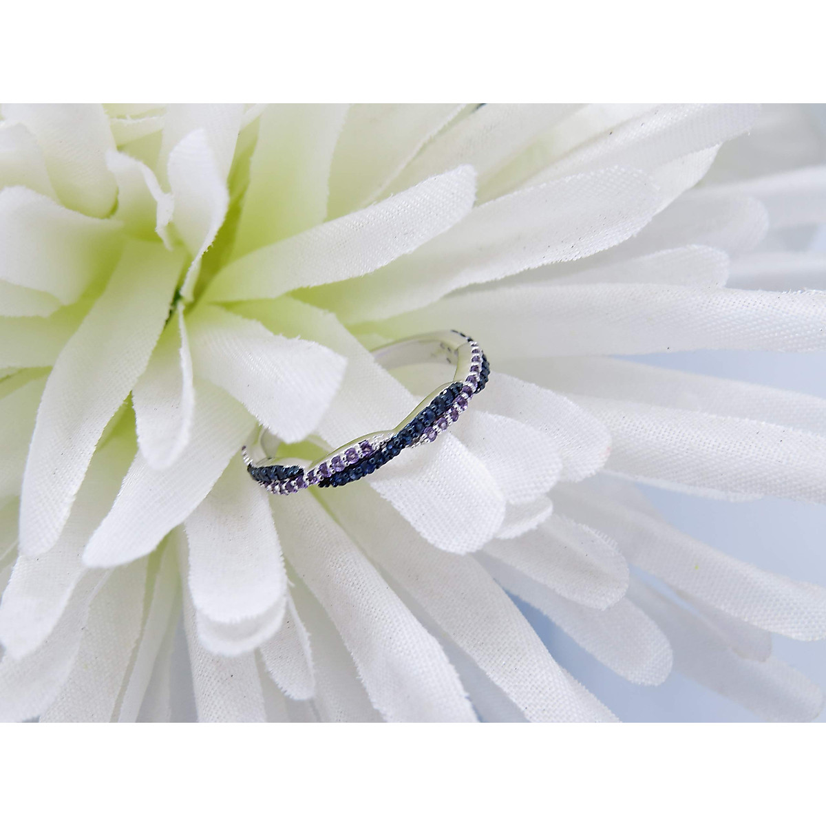 Dazzlingrock Collection 10K Round Amethyst & Blue Sapphire Ladies Wedding Swirl Stackable Band, White Gold, Size 6