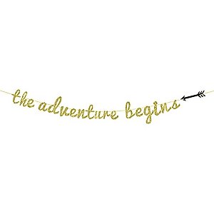 Glitter The Adventure Begins Banner - 2022 Graduation Decor, Retirement Bridal Shower Engagement Party Decoration Supplies Gold