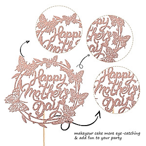 1 PCS Happy Mother's Day Cake Topper with Glitter Heart Garland Love Mom Butterfly Cake Pick Best Mom Cake Decorations for Happy Mother's Day Theme Women Birthday Party Supplies Rose Gold
