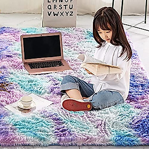 Shaggy Area Rugs, Kids Rugs for Bedroom Girls, Soft Fluffy Colorful Rainbow Kids Rugs for Girls Bedroom Tie Dye Area Rug Purple Rugs for Kids Bedroom Non Slip Rectangle Shag Fuzzy Carpet