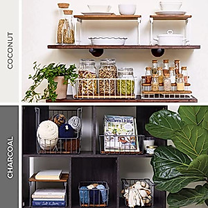 The Ría Safford Collection by iDesign Open Front Wire Basket with Acacia Wood, 14" x 10" x 6", Charcoal