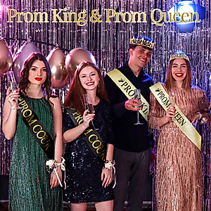 Saintrygo 12 Pcs Prom Crown and Sash Set, Prom King and Prom Queen Tiara Rhinestone Crown Glitter Sash Prom Court Royal Satin Sash for Graduation Prom Night Party Birthday Accessory (Gold,Stylish)