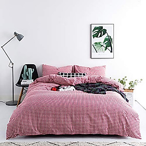 SUSYBAO Red Gingham Duvet Cover Queen 100% Washed Cotton Farmhouse Plaid Duvet Cover Set 3 Pcs 1 Minimalist Grid Patterned Duvet Cover with Zipper Ties 2 Pillowcases Soft Checkered Red Gingham Bedding
