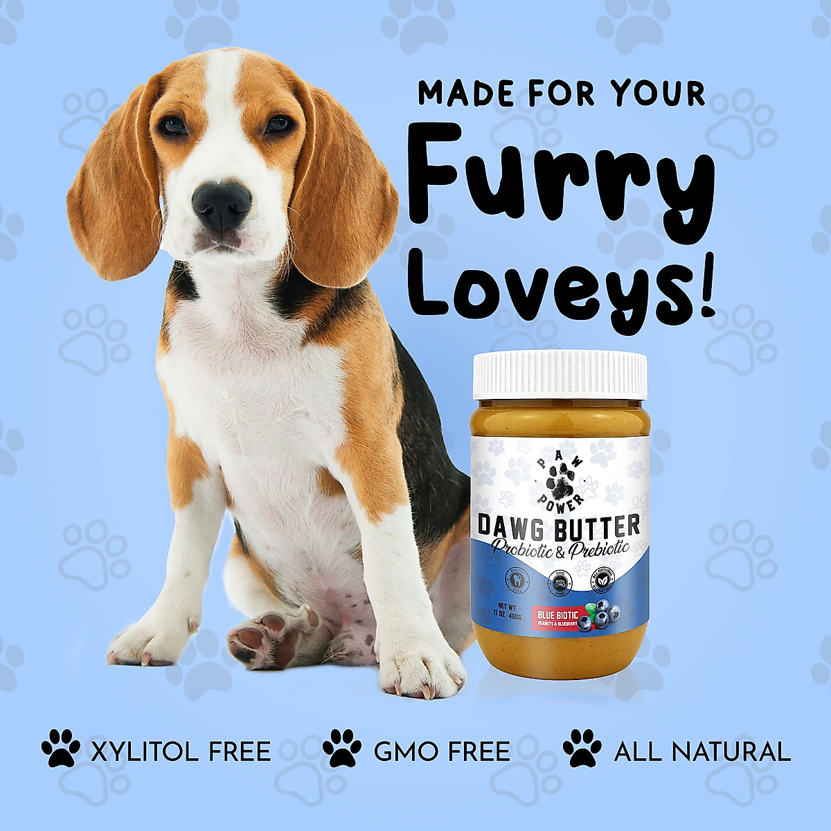 Dawg Butter, All Natural Peanut Butter Dog Treats, Dog Peanut Butter Blue Biotic, Peanut Dog Treat Paste, Dog Birthday Treats or Digestion & Immune Support, No Xylitol, Blueberry Flavor, 17 Oz