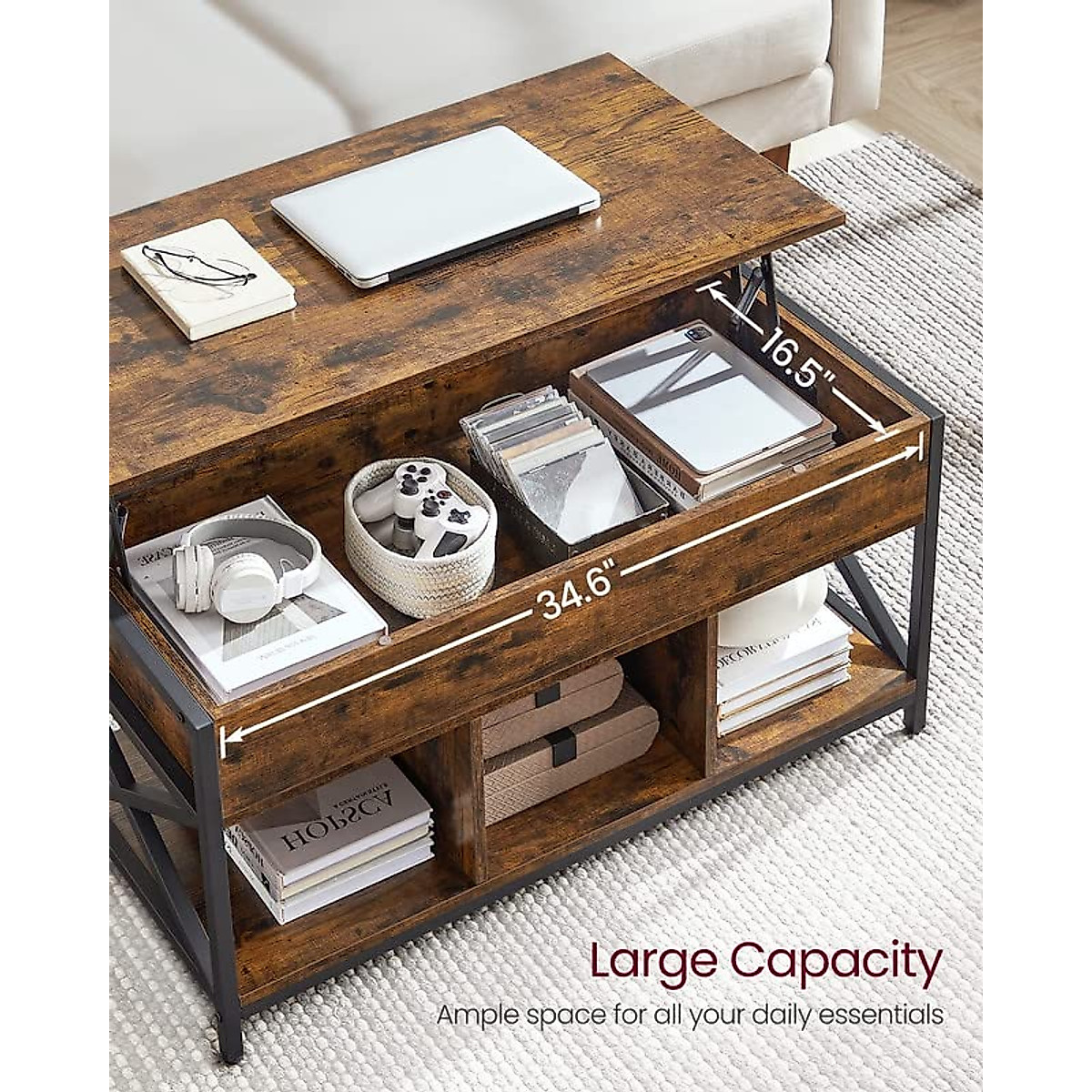 VASAGLE Lift Top Coffee Table for Living Room, Industrial Coffee Table with Hidden Compartments and Storage Shelf, Steel Frame, Rustic Brown and Black