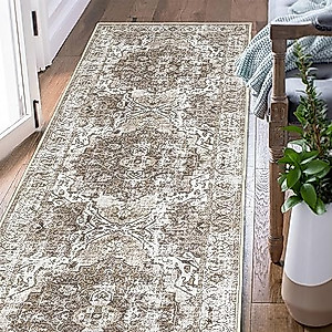 jinchan Runner Rug 2x6 Hallway Persian Rug Vintage Rug Traditional Area Rug for Kitchen Floor Cover Foldable Thin Rug Taupe Multi Distressed Floral Print Indoor Mat for Bathroom Bedroom Living Room