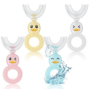 Whaline 4 Pack Kids U-Shaped Toothbrush Little Duck Manual Training Yellow White Pink Blue Tooth Brush Multicolor Silicone Whitening Massage Toothbrush Whole Mouth Toothbrush for Kids 2-6 Years