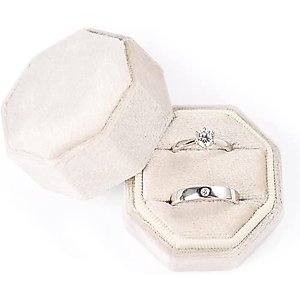 Velvet Ring Box Hexagon- Gorgeous Vintage Double Ring Display Holder with Detachable Lid for Proposal, Engagement, Wedding, Ceremony