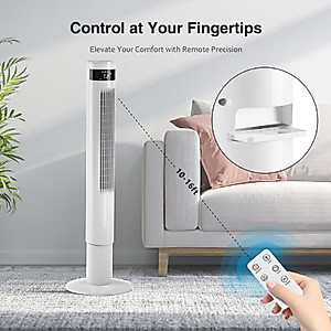 R.W.FLAME Tower Fan with Remote Control,Standing Fan for Office, Oscillation Fan, 3 Wind Modes,Time Settings,LED Display(43", White)