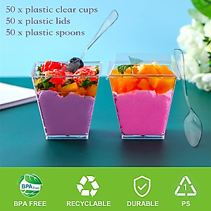 Lainrrew Dessert Cups, 50 Pack 7oz Clear Plastic Dessert Cups with Lids and Spoons Mini Square Tumbler Serving Cups Appetizer Parfait Cups for Party Tasting Mousse Pudding Yogurt