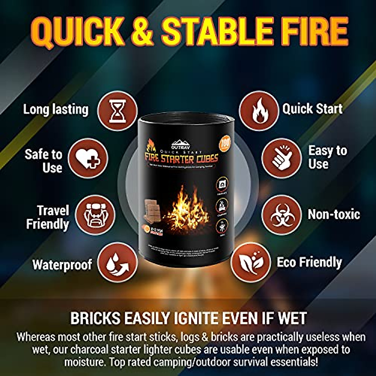Fire Starter Cubes, Charcoal Firestarter Squares for Lighting Fireplace, Wood Stove, Grill, Campfire, BBQ Smoker Pit – Mini Nontoxic Waterproof Fire Starting Bricks for Camping, Survival (100PK)