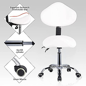 Height Adjustable Saddle Stool with Back Support, Ergonomic Hydraulic Swivel Rolling Chair with Removable Backrest for Beauty Salon Massage Dental Clinic Office, White
