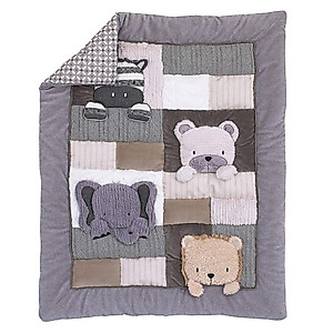NoJo Play Day Pals Elephant/Bear/Lion/Zebra Animal 4 Piece Nursery Crib Bedding Set, Grey, Tan, Taupe, White