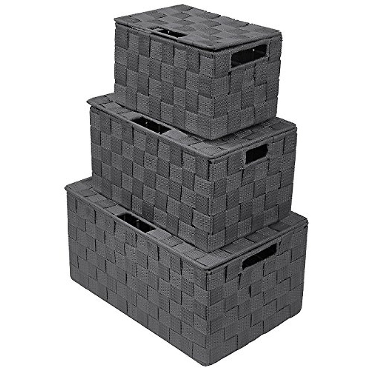 Sorbus Storage Box Woven Basket Bin Container Tote Cube Organizer Set Stackable Storage Basket Woven Strap Shelf Organizer Built-In Carry Handles (Lid Bins - 3 Pack, Gray)