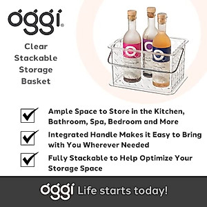 OGGI Clear Stacking Storage Basket with Handle - Plastic Caddy with Handle, Ideal Kitchen Undershelf Basket, Bathroom Storage Bin, Beauty Product Organizer, Cleaning Basket, Makeup Caddy, Size 9x7x5"