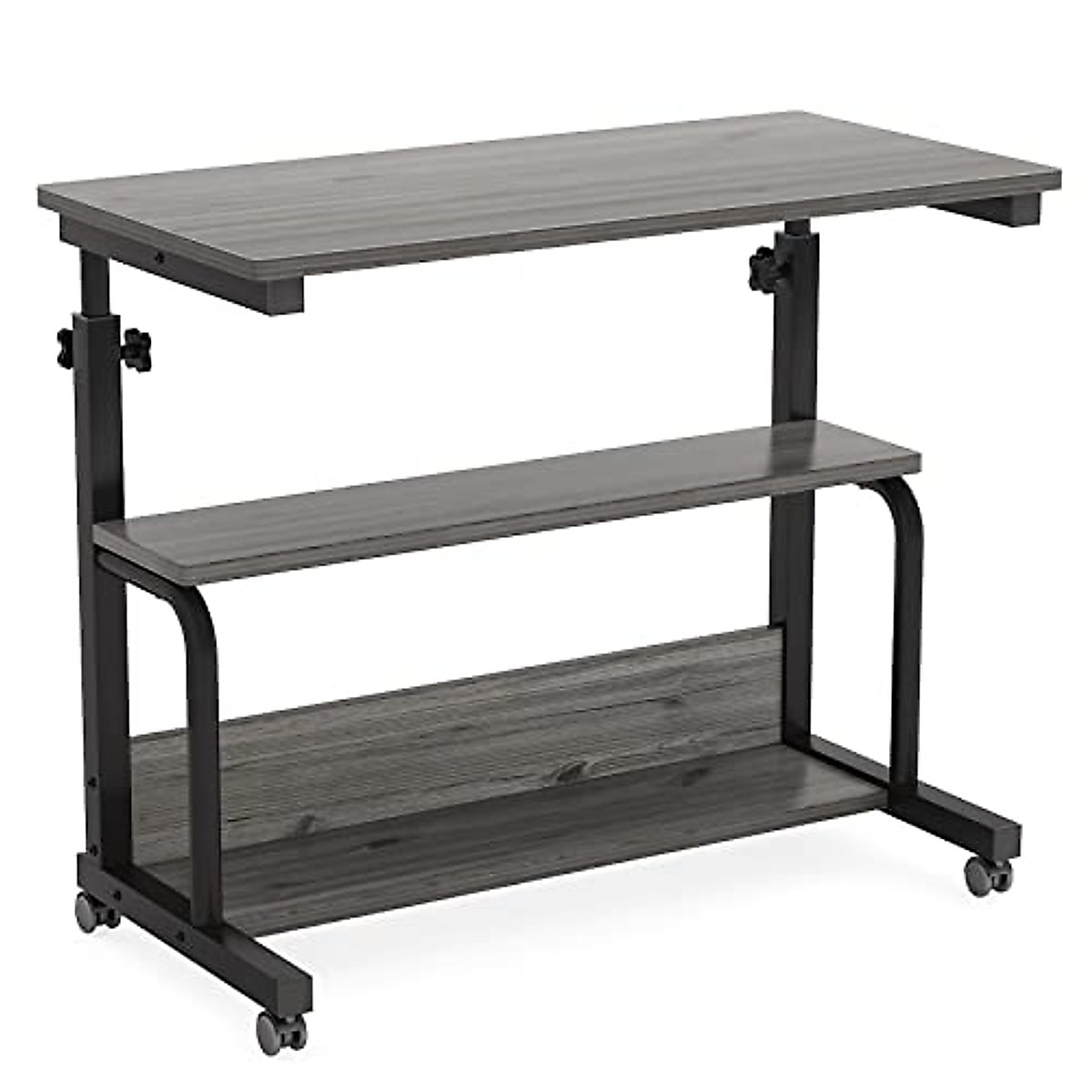 Tribesigns Small Portable Desk Side Table with Wheels, Height Adjustable Sofa Couch Bedside Laptop Table, Mobile Standing Computer Cart C Shaped Rolling TV Tray with Storage Shelves (Gray)