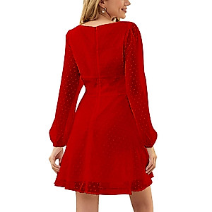 LYANER Women's Polka Dots Square Neck A line Long Sleeve Swiss Dots Mini Dress Red Small