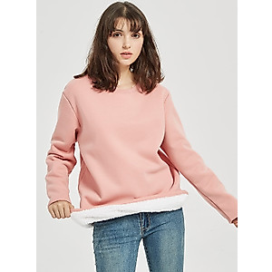 PEHMEA Women's Girls Warm Sherpa Lined Crewneck Pullovers Fleece Sweatshirt Tops (Pink, Medium)