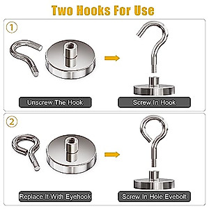GREATMAG Magnetic Hooks, 160 lbs Heavy Duty Magnet Hooks with Extra 6 Eyebolt Hooks, Neodymium Magnet Hook for Hanging, Cruise Cabins, Kitchen, Pack of 6