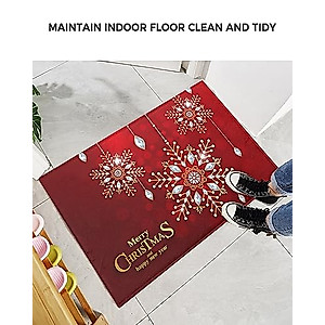 Indoor Doormat Merry Christmas Snowflake Glow Diamonds,Shaggy Floor Mat with Non-Skid Backing Dots Shadow Red Back,Machine Washable Plush Area Rug Carpets for Kitchen Nursery Bedroom