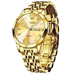 OLEVS Gold Watches for Men Large Face Analog Wrist Watch Easy Read Big Wrist Mens Golden Stainless Steel Strap Watches with Date Water Resistant Luminous Hands Male Watch Quartz Relojes para Hombres