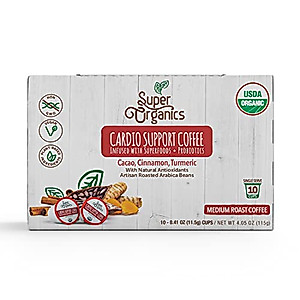 Super Organics Cardio Support Coffee Brew Cups With Superfoods & Probiotics Keurig K-Cup Compatible Cardiovascular Health Medium Roast, USDA Certified Organic, Vegan Coffee, 10ct