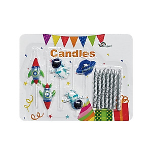 Serves 24 Ultimate Outer Space Party Supplies 9" Plates 7" Plates 24 Cups 2 Table Cover 24 Napkins 24 Straws 1 Blast off Birthday Banner 14 Swirls 12 Photo Props Cake Topper 30 Balloons 12 Candles