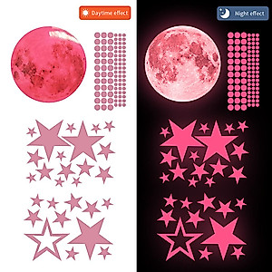 Glow in The Dark Stars and Moon Stickers for Ceiling, Luminous Wall Decals Decor for Bedroom Living Room, 407 dots + 27 Stars + 30cm Moon (Pink)
