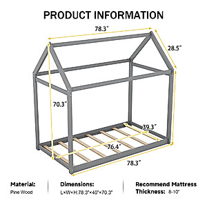 Merax Wood House Bed,Floor Bed with Wood Slats,No Box Spring Needed,Twin Size, Grey