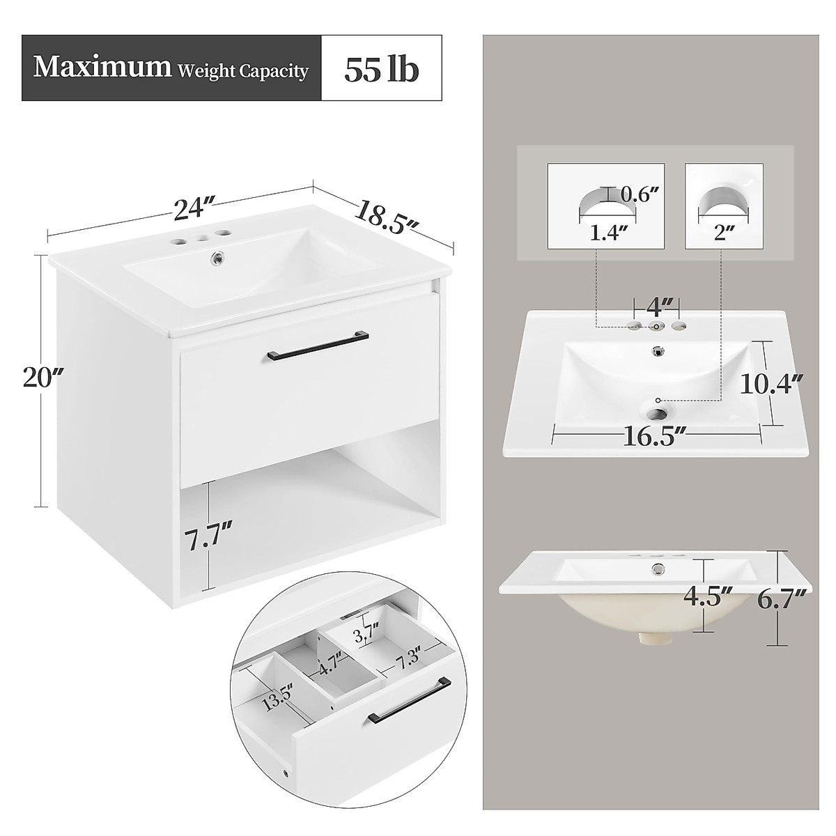 Yaheetech 24" Bathroom Vanity with Sink, Wall Mounted Bathroom Sink Cabinet with 1 Drawer and Open Shelf, Modern Clearance Bathroom Vanities with Sink Combo Set