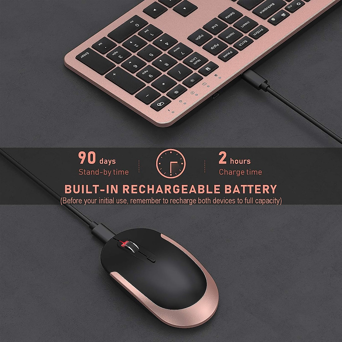 seenda Rechargeable Wireless Keyboard Mouse Combo Full Size Cordless Keyboard & Mouse Sets with Build-in Lithium Battery Ultra Thin Quiet Keyboard Mice (Rose Gold & Black)