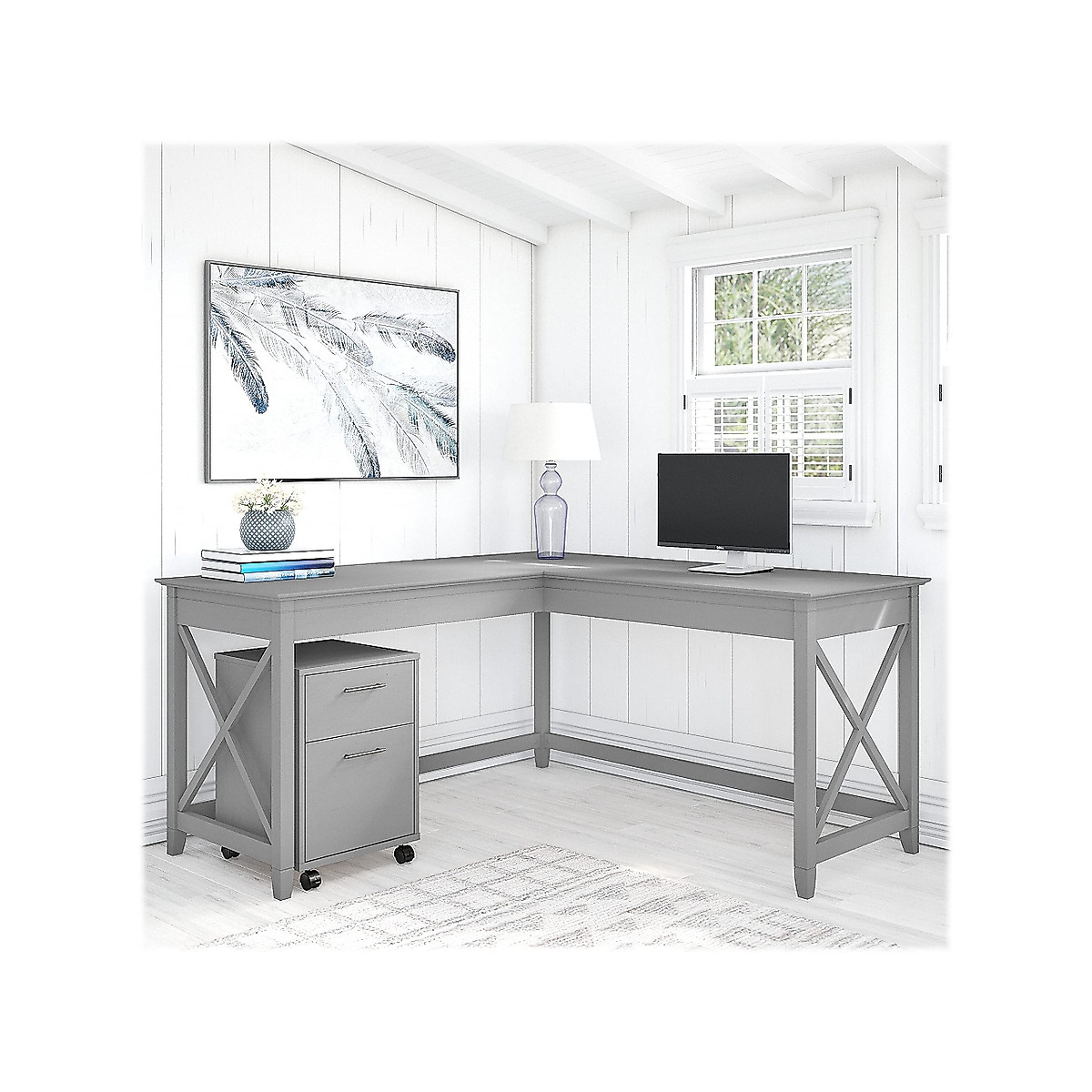 Bush Furniture Key West 60W L Shaped Desk with 2 Drawer Mobile File Cabinet in Cape Cod Gray