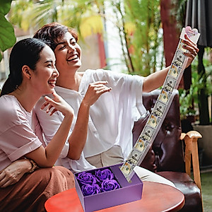 Money Box for Cash Gift Pull, Money Gift Boxes for Cash on Birthday, Christmas, Graduation, Mother's Day, for Husband, Wife, Girlfriend, Mother With Soap Rose Flower and Greeting Cards - Purple