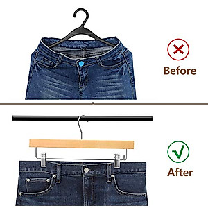AMKUFO 20pcs Wooden Pants Hangers Solid Pants Hangers with Adjustable Clips 14 Inch Natural Wood Skirt Hangers Trousers Bottom Hangers with Non-Slip Clips and 360° Swivel Hook