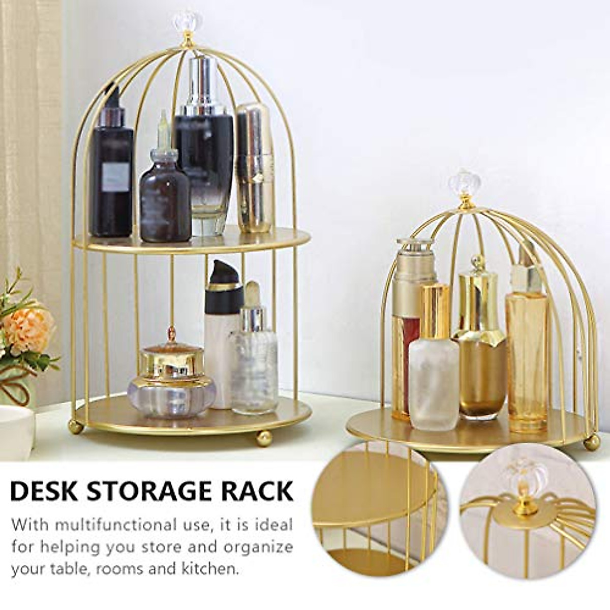 Yardwe Iron Cosmetic Rack Bird Cage Makeup Organizer 2 Tier Wire Storage Holder Essence Perfume Lotion Bottle Shelf Stand Skincare Products Tabletop Organizer