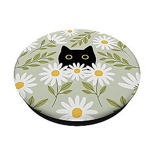 Cute Daisy Flower Floral Aesthetic Black Cat Sage Green PopSockets Swappable PopGrip