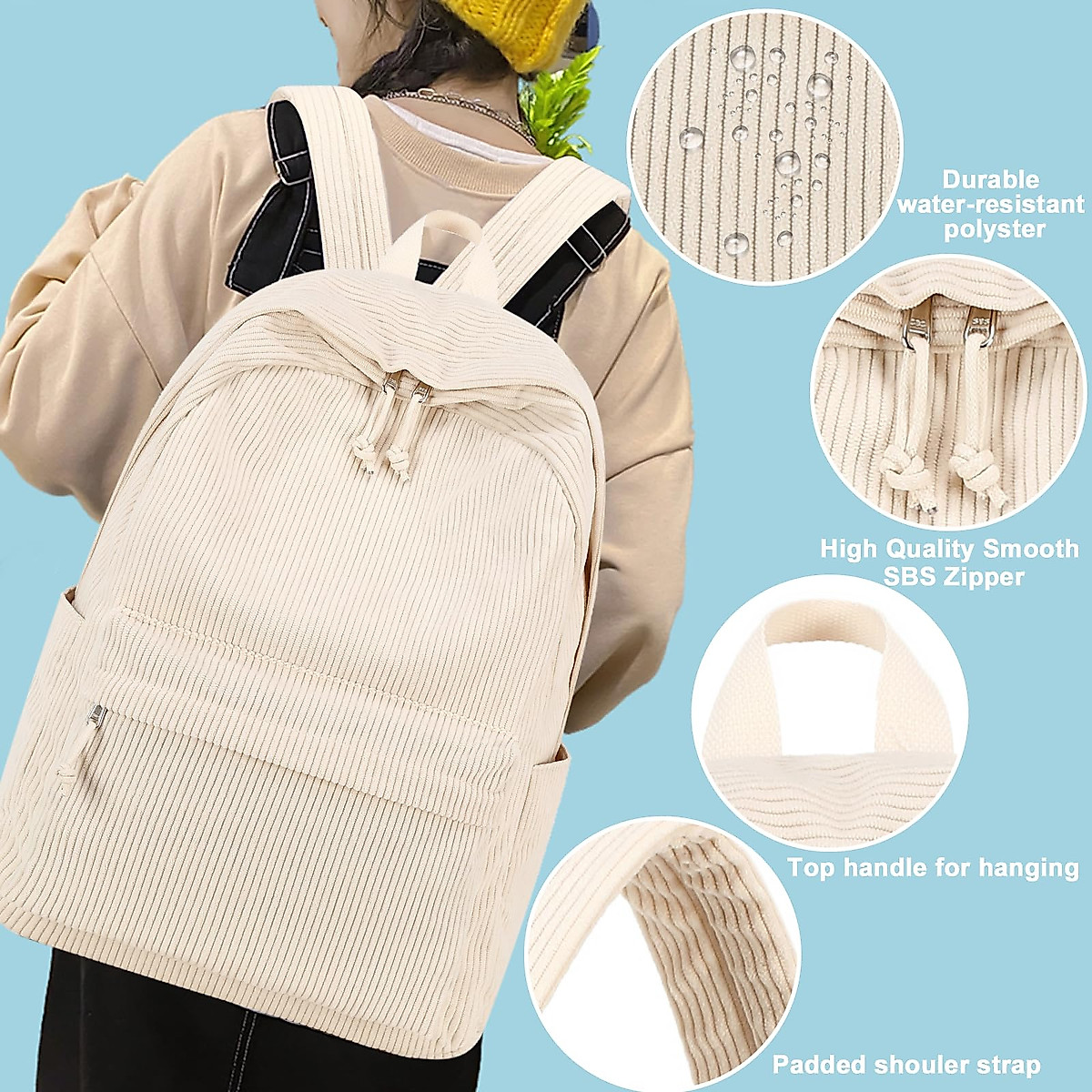 School Backpack for Teen Girls Bookbags Elementary High School Corduroy Laptop Bags Women Travel Daypacks (Beige)