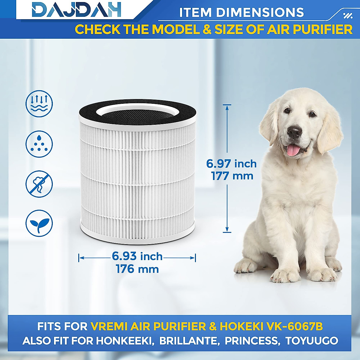 VK-6067B Filter Compatible with Vremi Air Purifier Filter Replacement and Hokeki Air Purifier Filter Replacement for VK-6067B H13 True HEPA Air Purifier including Vremi Hokeki Honkeeki Toyuugo, 2-Pack